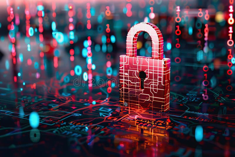 Neon-lit Padlock with Data Lines and Binary Code in Digital Space Stock Photo - Image of code ...