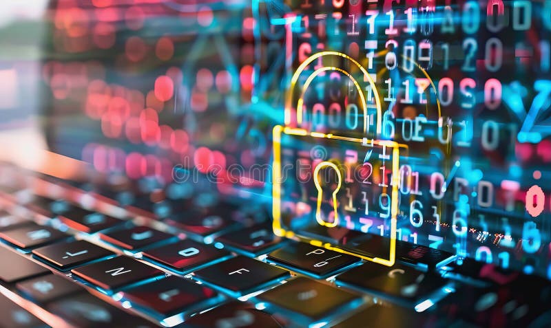 Neon-lit Padlock with Data Lines and Binary Code in Digital Space Stock Image - Image of ...