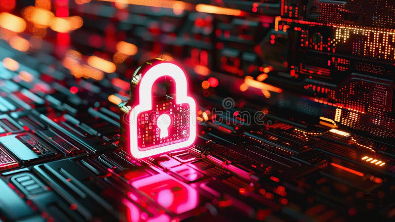 Neon-lit Padlock with Data Lines and Binary Code in Digital Space Stock Image - Image of ...