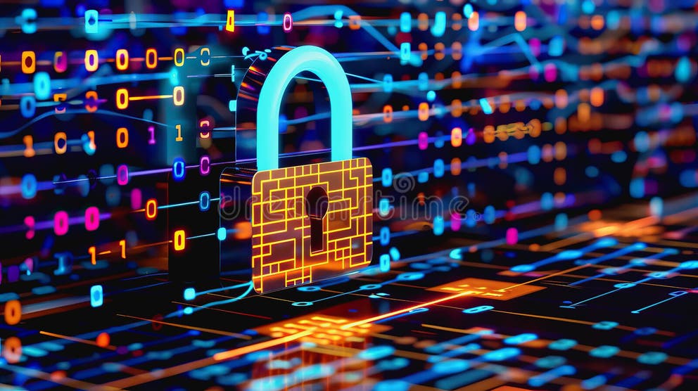 Neon-lit Padlock with Data Lines and Binary Code in Digital Space Stock Image - Image of padlock ...