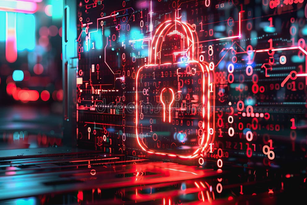 Neon-lit Padlock with Data Lines and Binary Code in Digital Space Stock Image - Image of safety ...