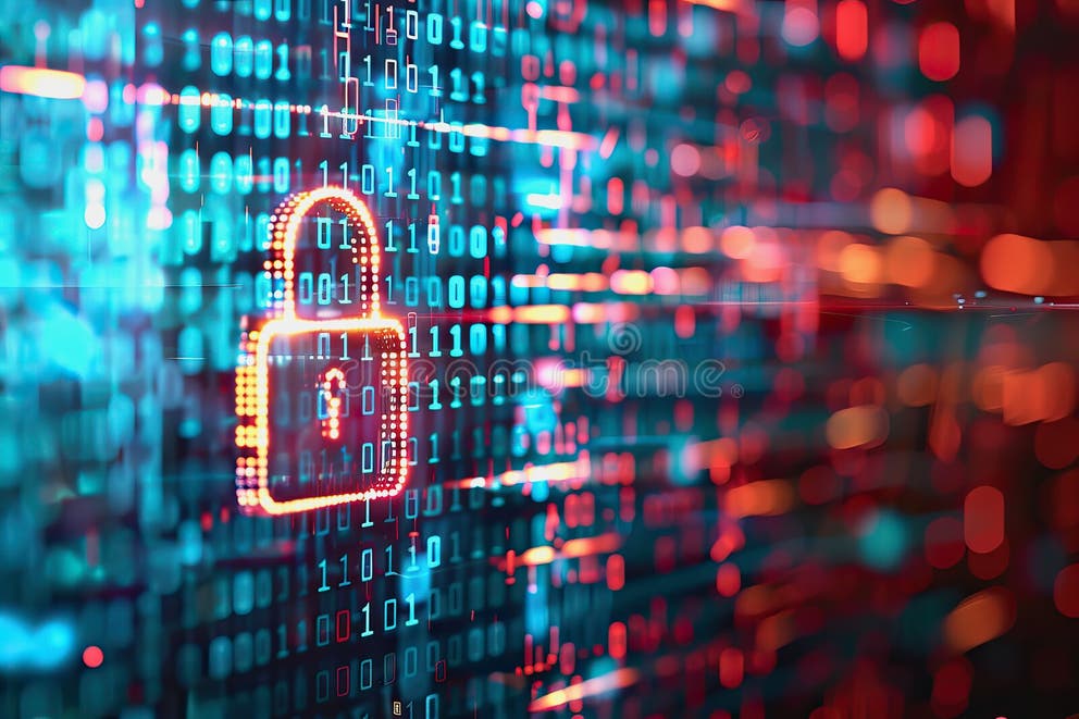 Neon-lit Padlock with Data Lines and Binary Code in Digital Space Stock Image - Image of ...