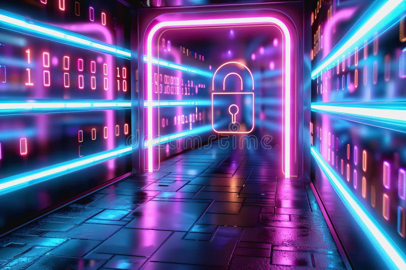 Neon-lit Padlock with Data Lines and Binary Code in Digital Space Stock Image - Image of glow ...