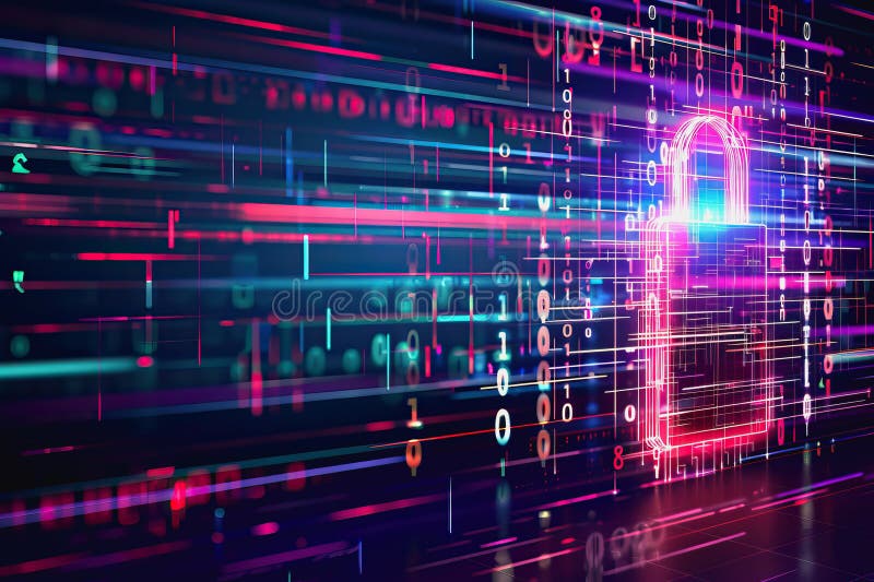 Neon-lit Padlock with Data Lines and Binary Code in Digital Space Stock Photo - Image of secure ...