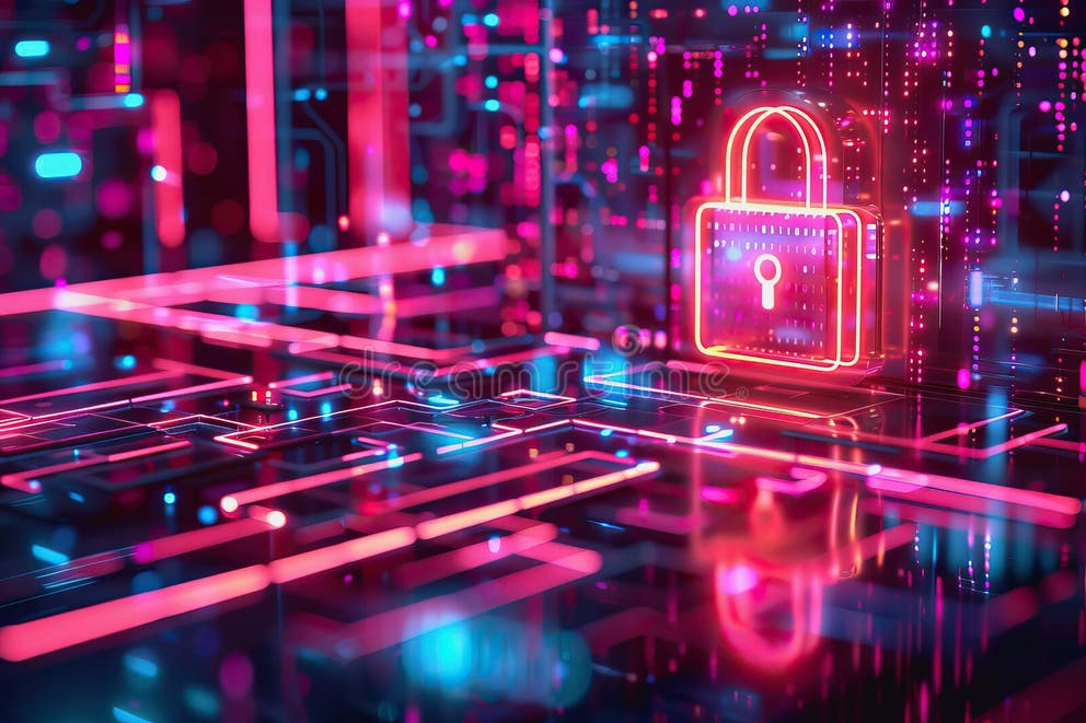 Neon-lit Padlock with Data Lines and Binary Code in Digital Space Stock Photo - Image of ...