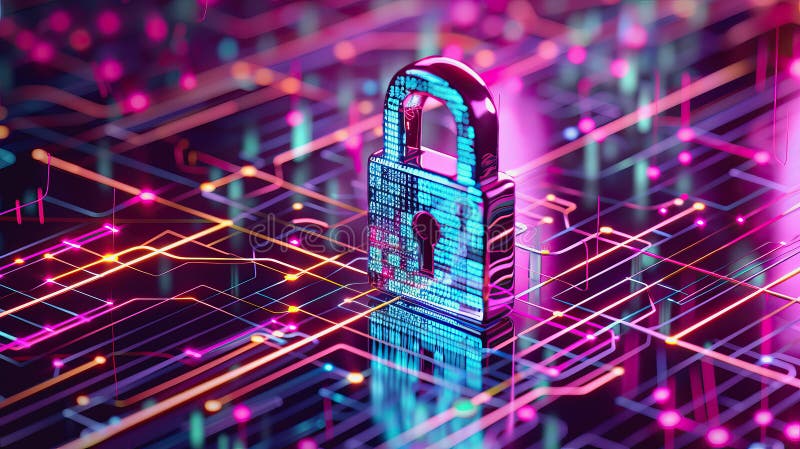 Neon-lit Padlock with Data Lines and Binary Code in Digital Space Stock Photo - Image of future ...