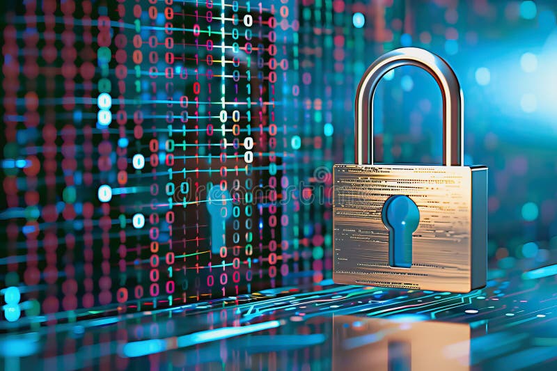 Neon Lit Padlock With Data Lines And Binary Code In Digital Space Stock Image Image Of Science