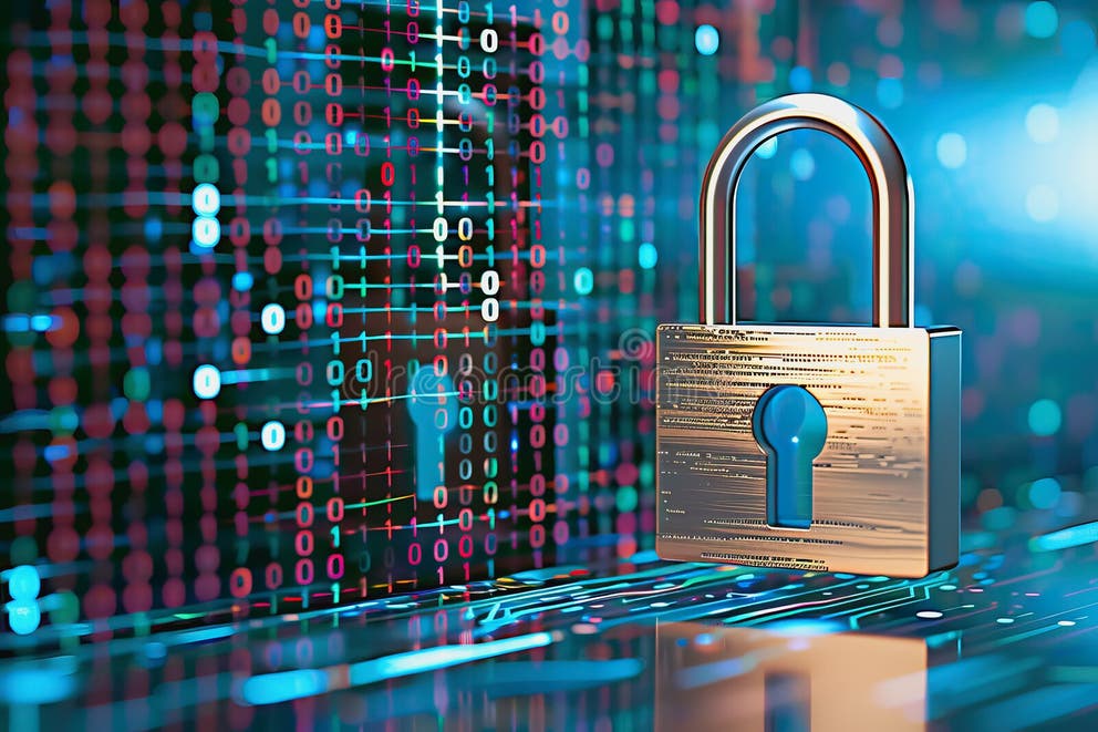 Neon-lit Padlock with Data Lines and Binary Code in Digital Space Stock Image - Image of science ...