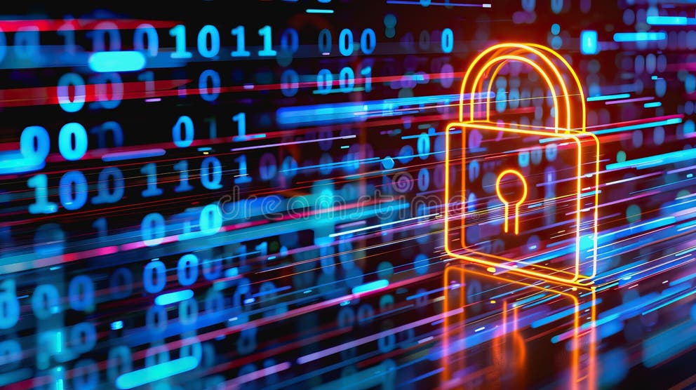 Neon-lit Padlock with Data Lines and Binary Code in Digital Space Stock Image - Image of ...