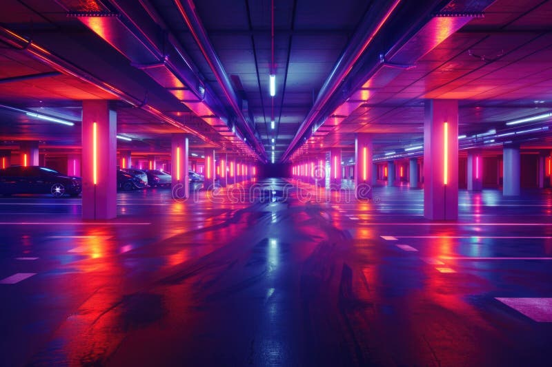 Neon Lit Parking Garage stock image. Image of concrete - 376524035