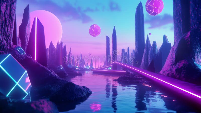 Neon-Lit Path through a Futuristic Crystal Landscape Stock Illustration ...