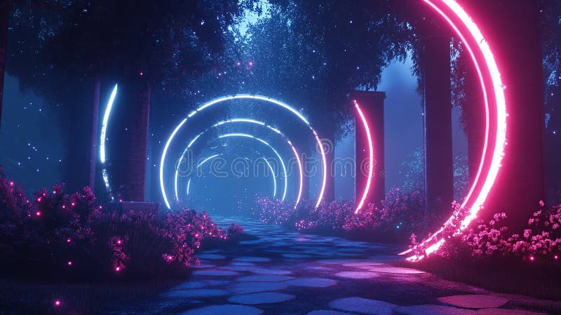 Neon Lit Pathway Mystical Forest Night Stock Photos - Free & Royalty ...