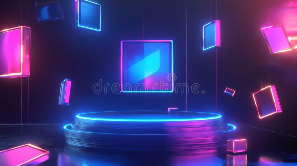 Neon-lit Platform with Suspended Glowing Squares Stock Illustration ...