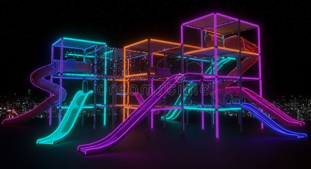 Neon-lit Playground Structure Featuring Multiple Levels with Slides and ...