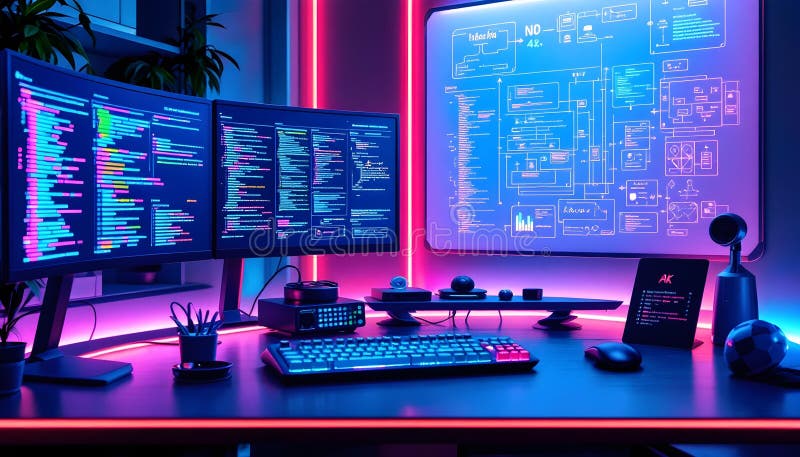Neon Lit Programmer Workstation: Coding in a Futuristic Setup with Dual ... Neon Lit Programmer Workstation: Coding in a Futuristic Setup with Dual ...