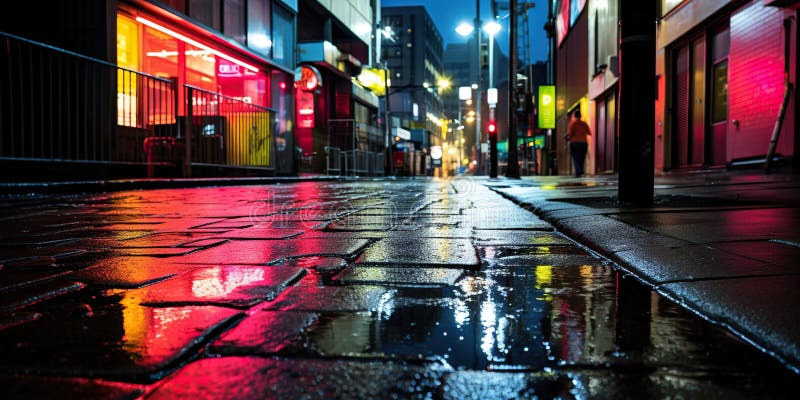 Neon-lit Rain Puddles in an Urban Setting after a Late-night Downpour , Concept of Glowing ...