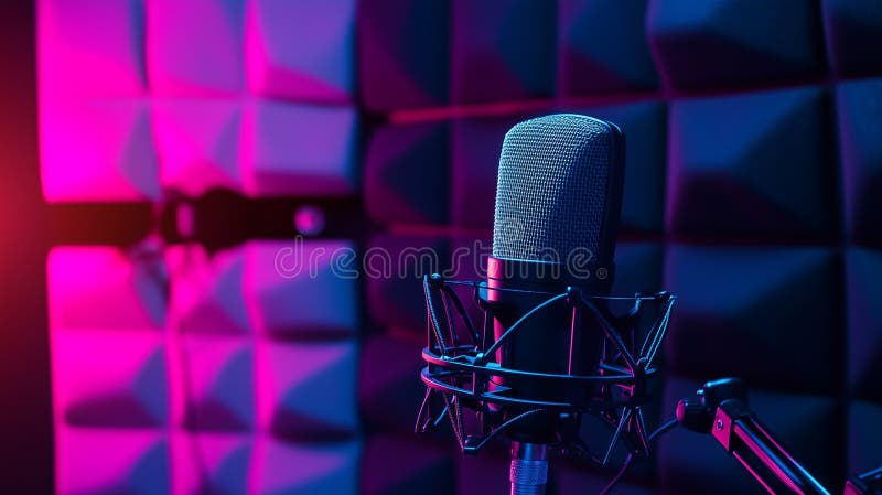 Neon-lit Recording Booth with Microphone Stock Image - Image of ...