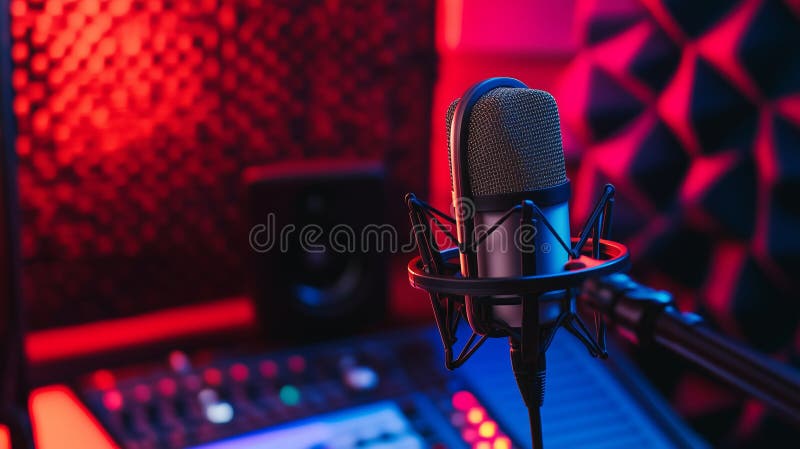 Neon-lit Recording Booth with Microphone Stock Photo - Image of ...