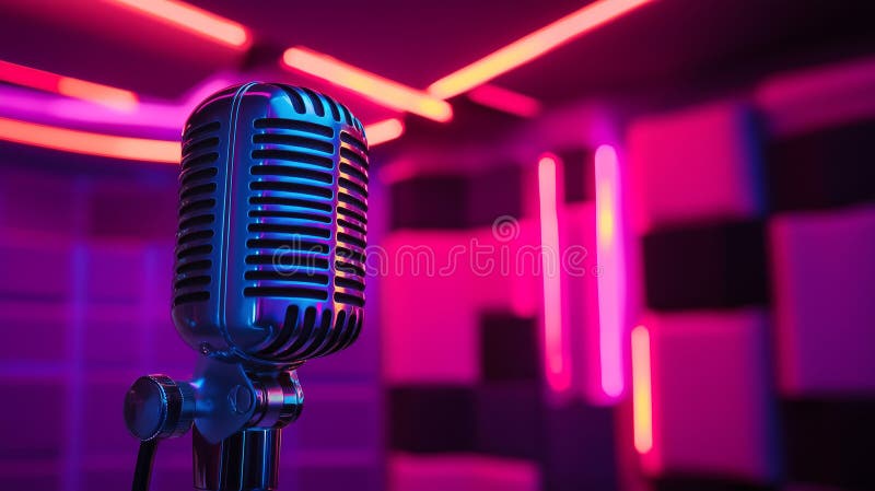 Neon-lit Recording Booth with Microphone Stock Photo - Image of ...