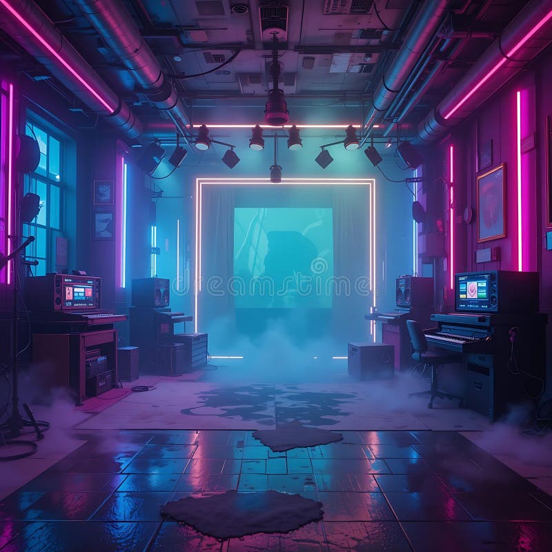 Neon Lit Recording Studio Interior with Instruments and Ambient ...