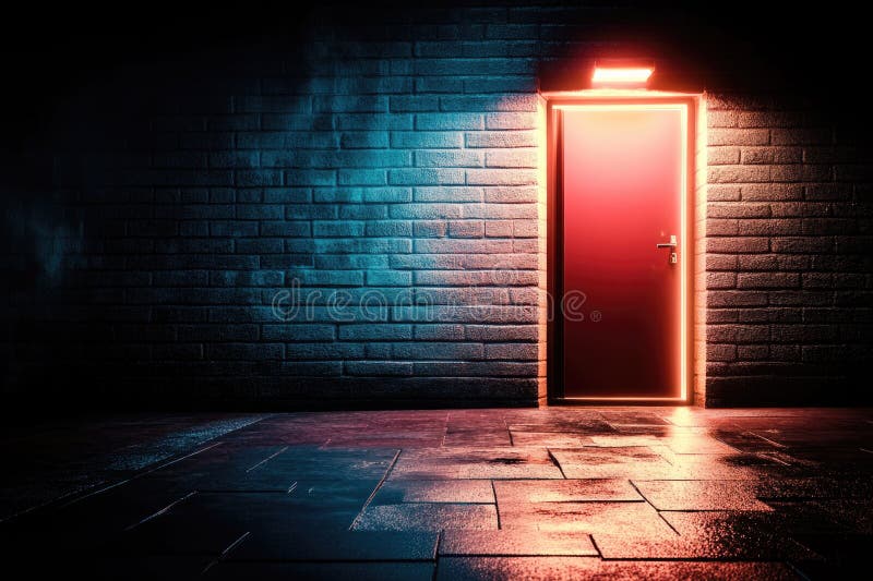 Neon-lit Red Door in Dark Brick Wall Illuminated by Overhead Light ...