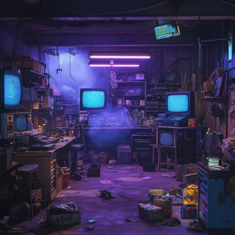 Neon-lit Retro Electronics Workshop with Vintage Monitors in Dimly Lit ...