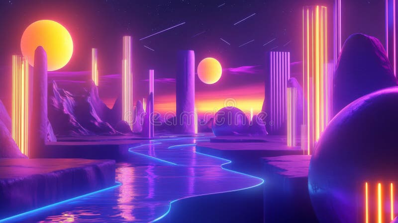 A Neon-Lit River Winding through a Surreal, Glowing Landscape Stock ...