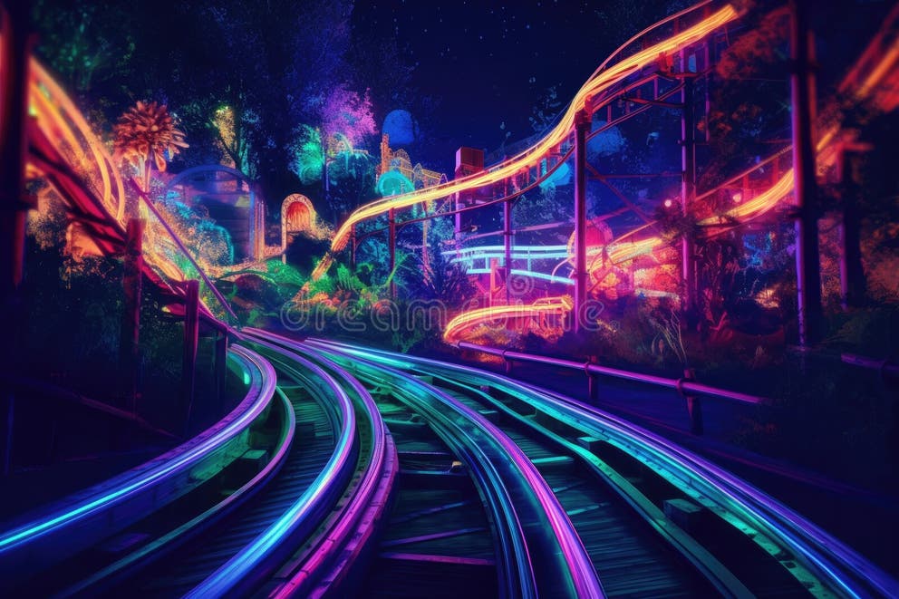 Neon-lit Roller Coaster Tracks at Night Stock Illustration ...