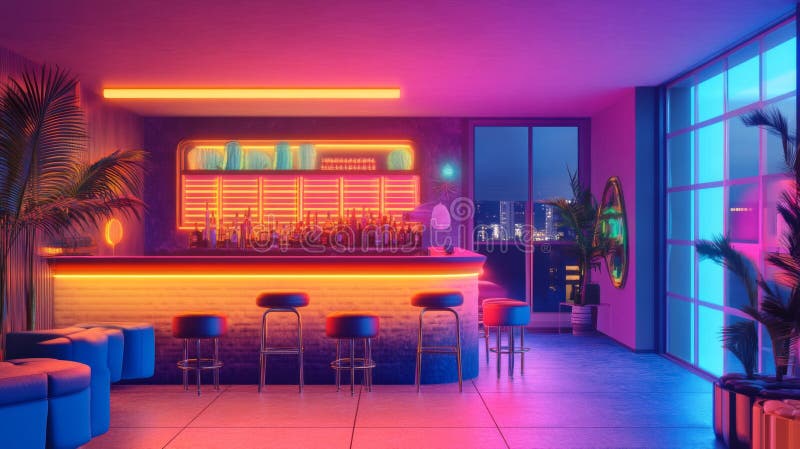 Neon Lit Rooftop Bar with City View at Night Stock Illustration ...