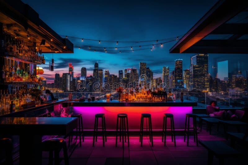 A Neon Lit Rooftop Bar with a Skyline View Stock Illustration ...