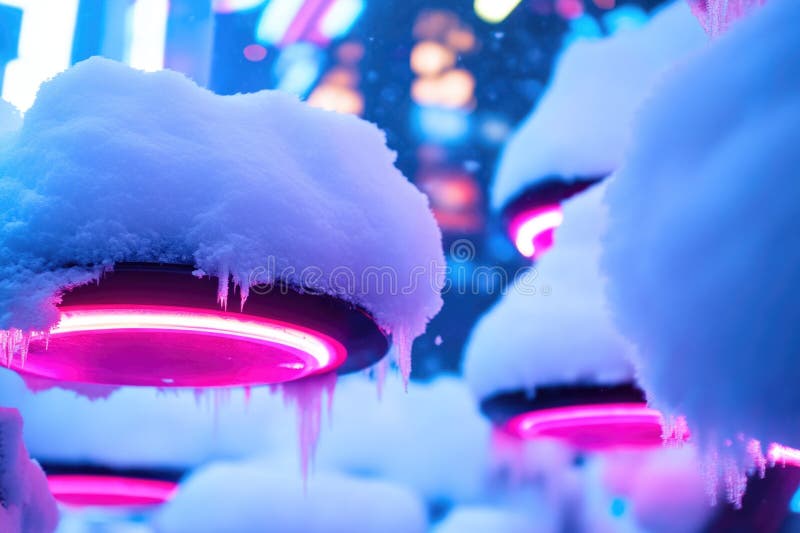 Neon-lit Rooftop Scene in Snowy Weather Stock Photo - Image of ...
