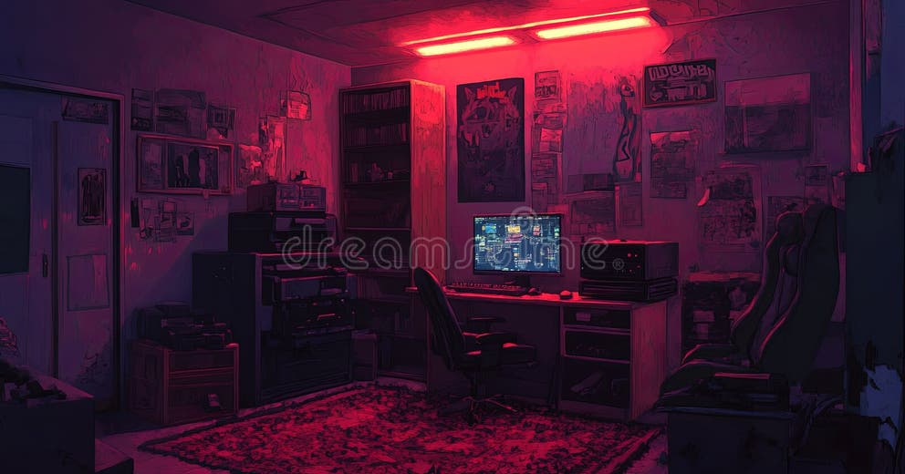 Neon-lit Room with Computer, Posters, and Gaming Setup Stock ...