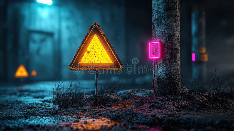 A Neonlit Scene Featuring Warning Signs in an Urban Environment ...