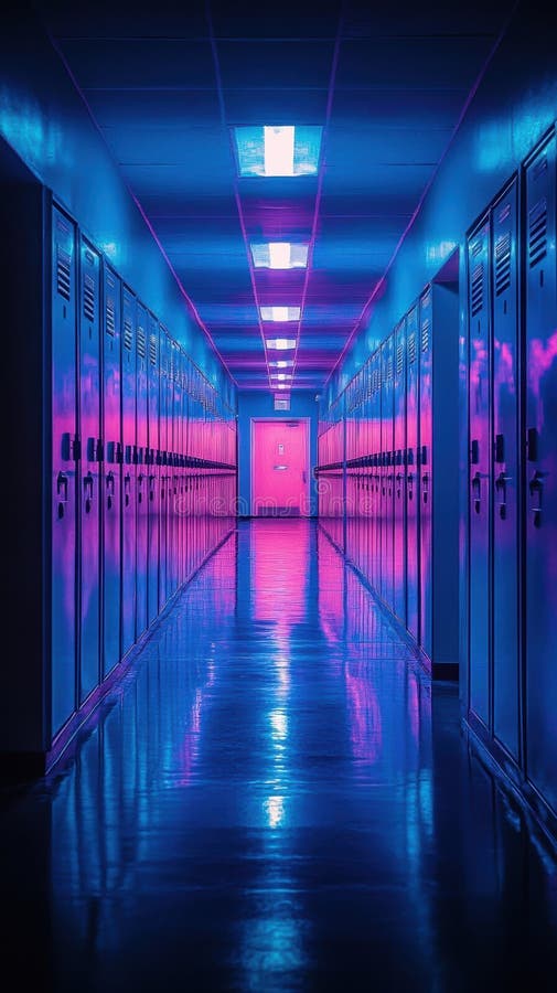 Neon-lit School Hallway with Rows of Lockers, Creating a Vibrant ...