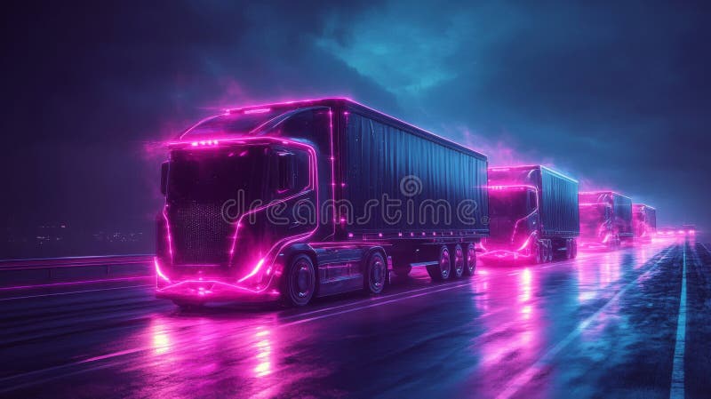 Neon-Lit Semi-Trucks Driving on a Wet Road at Night Stock Photo - Image ...