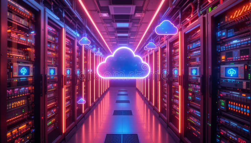 Neon-lit Server Racks with Floating Cloud Computing Indicators. Stock ...