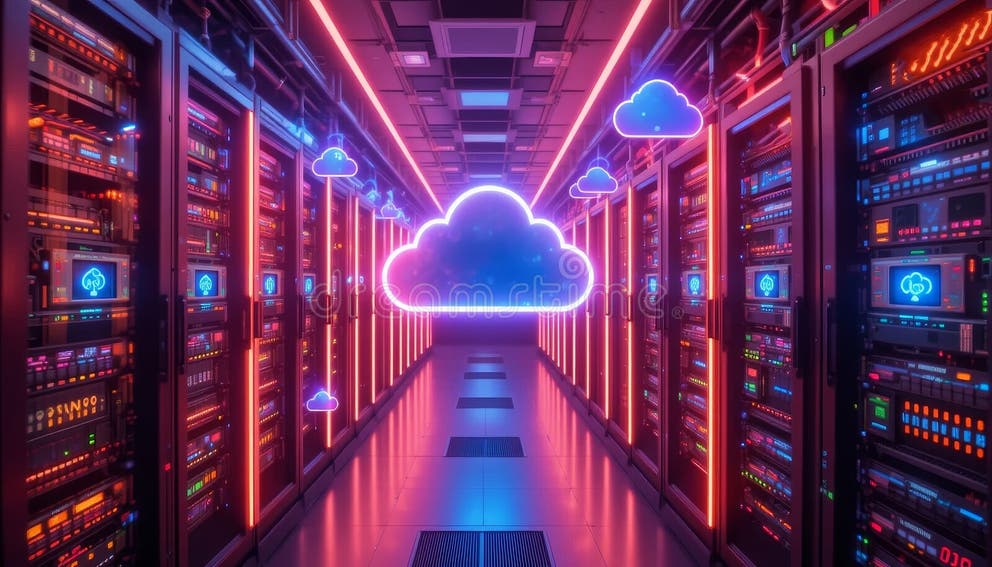 Neon-lit Server Racks with Floating Cloud Computing Indicators. Stock ...