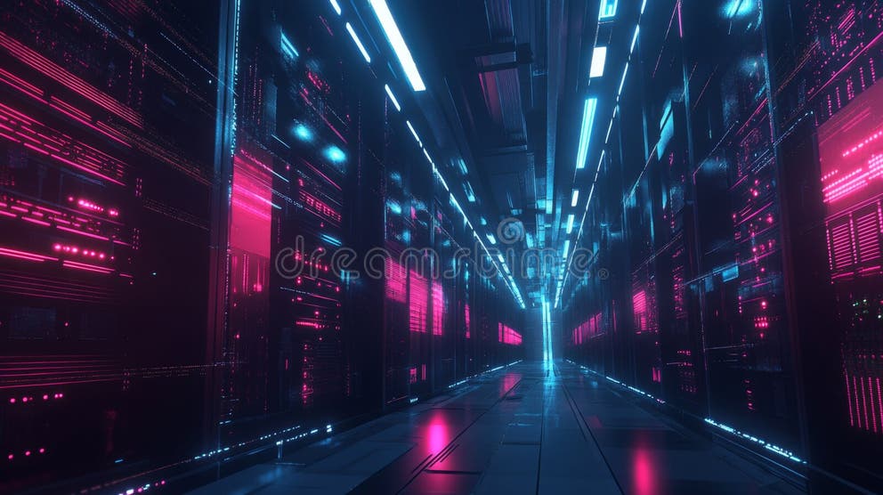 Neon Lit Server Room Corridor Digital Technology Stock Image - Image of ...