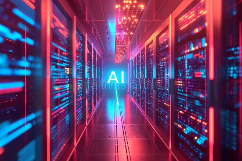 A Neon Lit Server Room Displaying the Power of AI, Symbolizing the ...