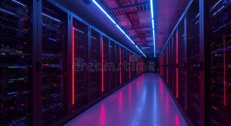 Neon-Lit Server Room: High-Tech Data Center Infrastructure with Red and ...