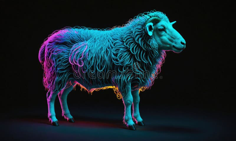 A Neon-lit Sheep Stands on a Black Background, Illuminated with Pink ...