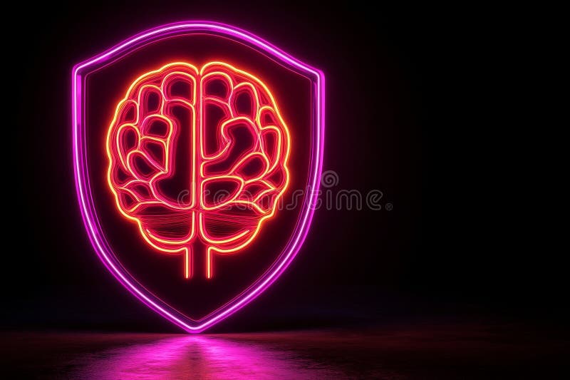 A Neon-lit Shield Displaying a Brain, Representing Innovation and ...