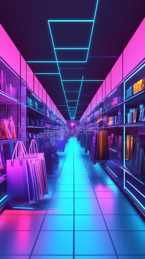A Neon-lit Shopping Mall with a Neon Sign Above the Floor Stock ...