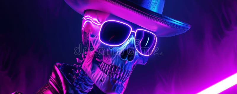 Neon-lit Skeleton with Hat and Sunglasses Stock Image - Image of ...