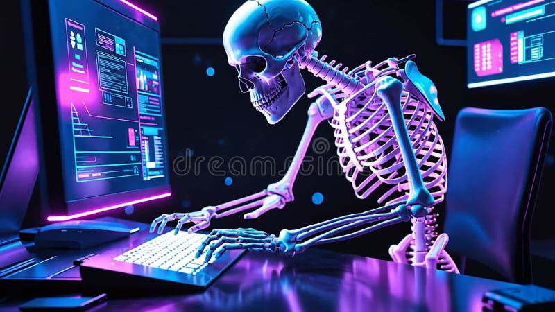 Neon-Lit Skeleton Working on Computer in Futuristic Setup Stock Footage ...