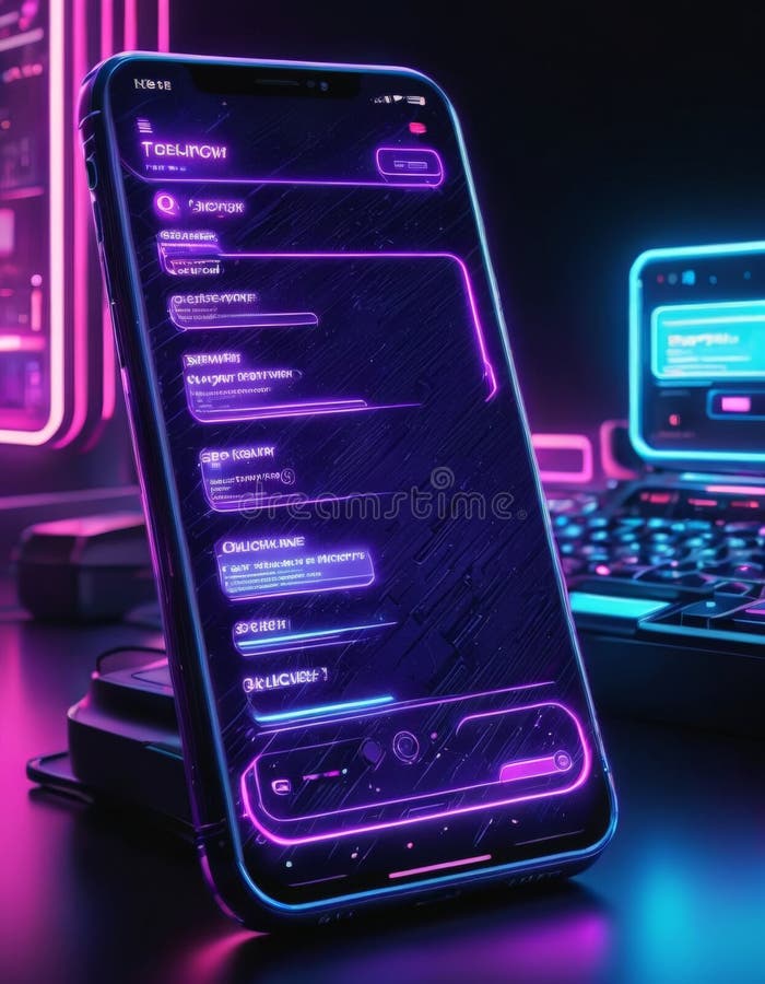 Neon-lit Smartphone Interface in a Futuristic Setting Stock Image ...
