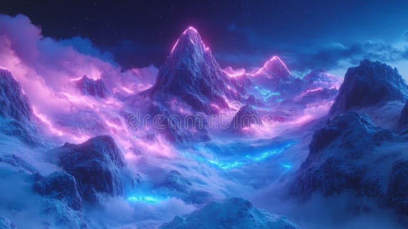 Neon Lit Snowy Mountainscape Under a Starry Sky Stock Illustration ...