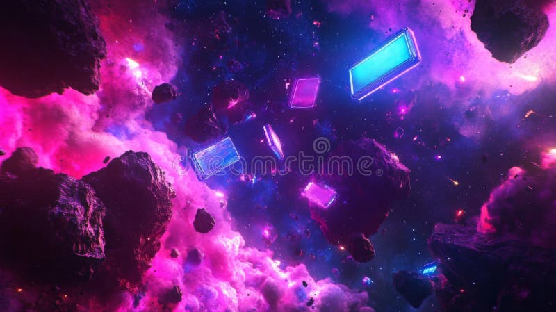 Neon-lit Space Objects Floating through a Pink and Purple Nebula Stock ...