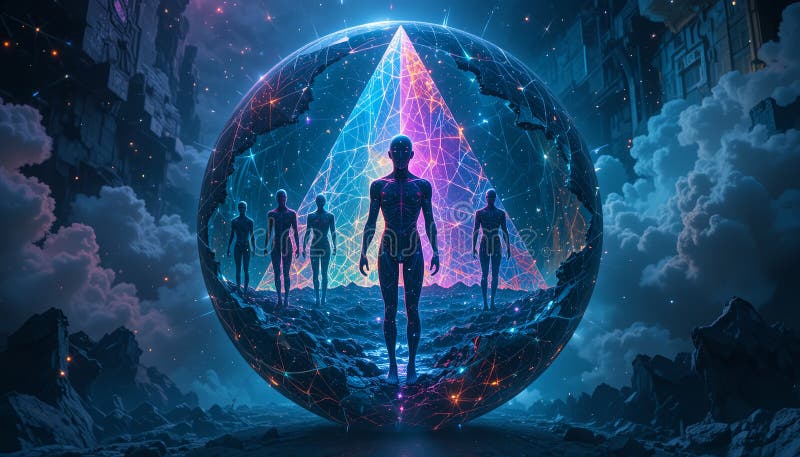 Neon-Lit Sphere Guardians - Translucent Humanoids on Cosmic World, AI ...