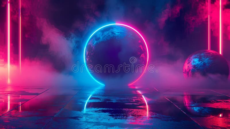 Neon Lit Spheres with Pink and Blue Lights in Futuristic Setting ...